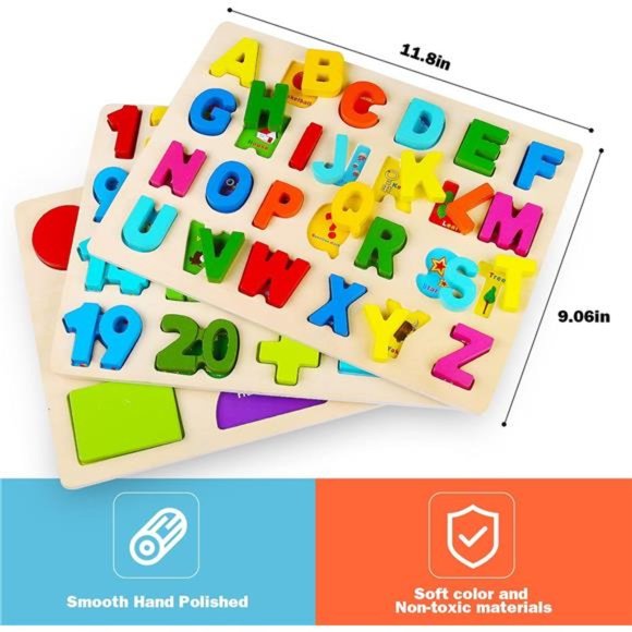 Toys | 3 Pack Wooden Puzzles Alphabet Number Shape Learning Puzzle For ...